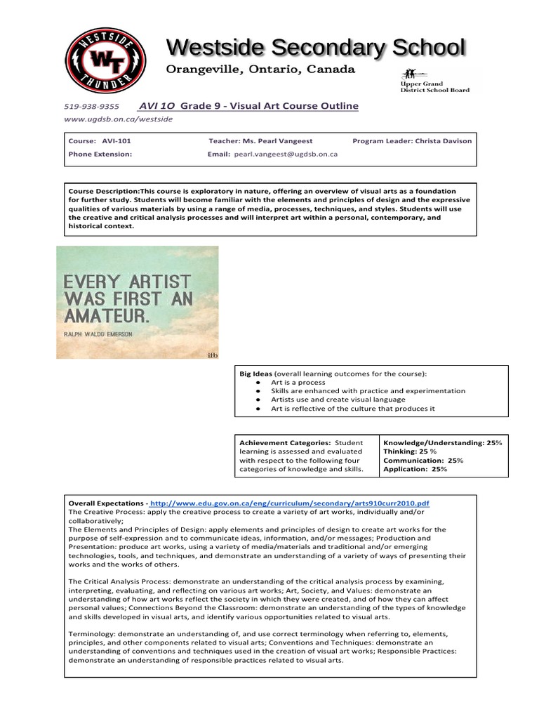 AVI 1O Grade 9 - Visual Art Course Outline: 519-938-9355 WWW - Ugdsb.on ...