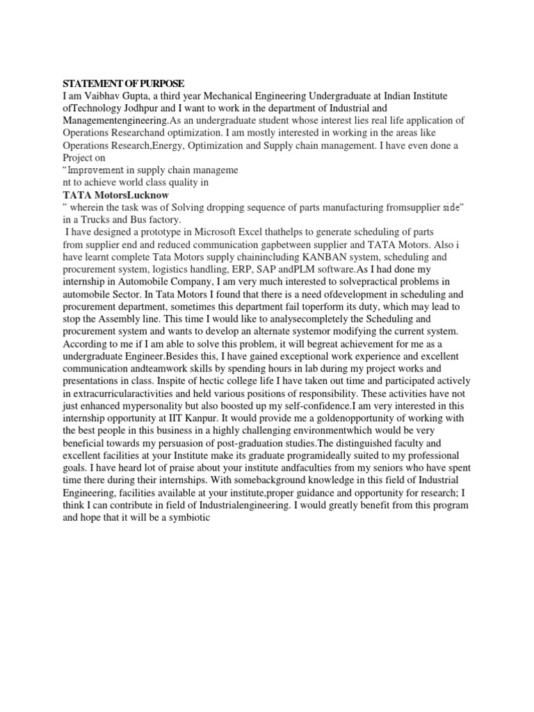 Statement of Purpose | PDF | Procurement | Engineering