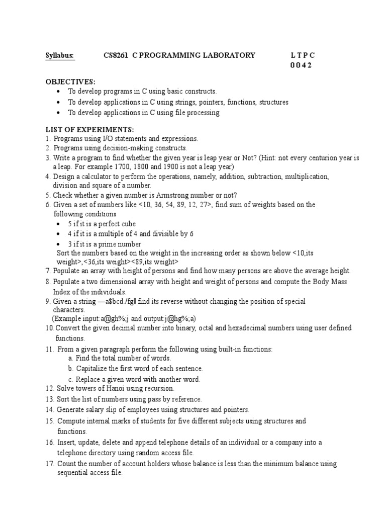 Cs8261 C Programming Lab Pdf Pointer Computer Programming C Programming Language 