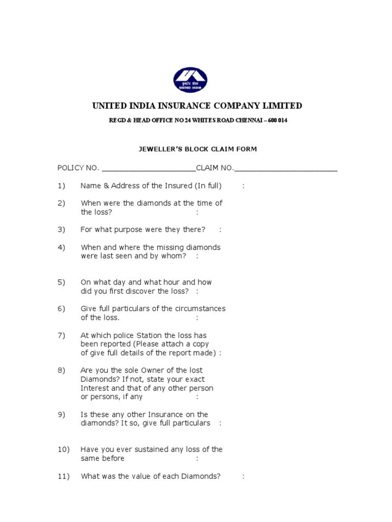 Jewellers Block Claim Form | PDF