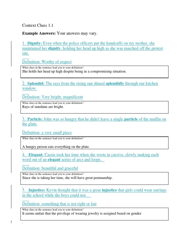 Answers For Context Clues 1-1 and 1-2 | PDF