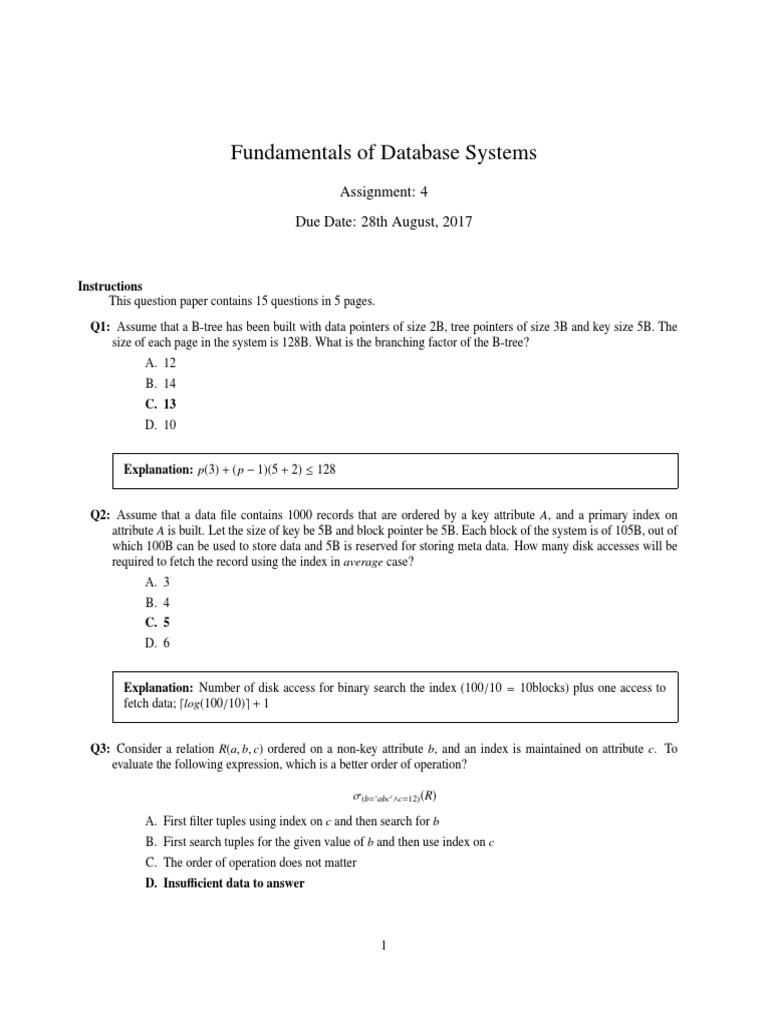 Fundamentals of Database Systems: Assignment: 4 Due Date: 28th August, 2017 | PDF | Database ...