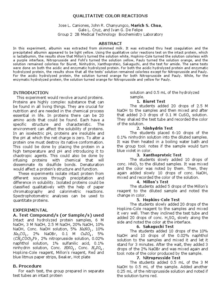 Chem 600 - Exp 2 (Color Reactions) | PDF | Proteins | Experiment