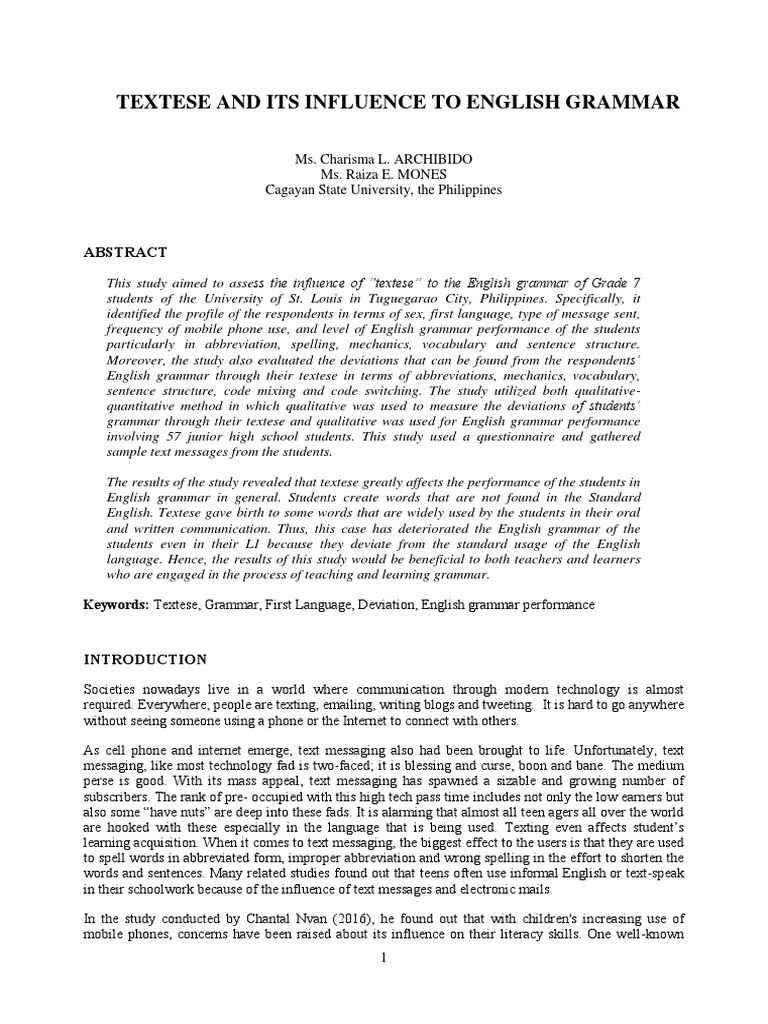 Textese and Its InfLuence To Grammar | PDF | Text Messaging | English ...