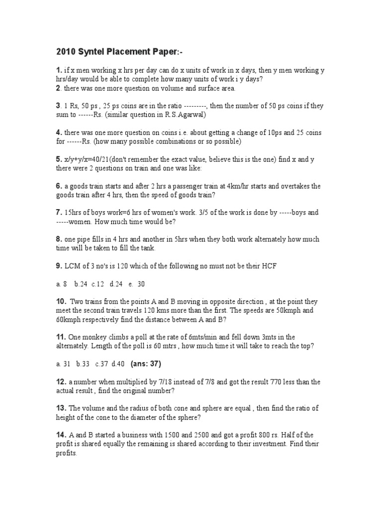 (WWW - Entrance-Exam - Net) - 2010 Syntel Placement Paper | PDF | Area | Sphere