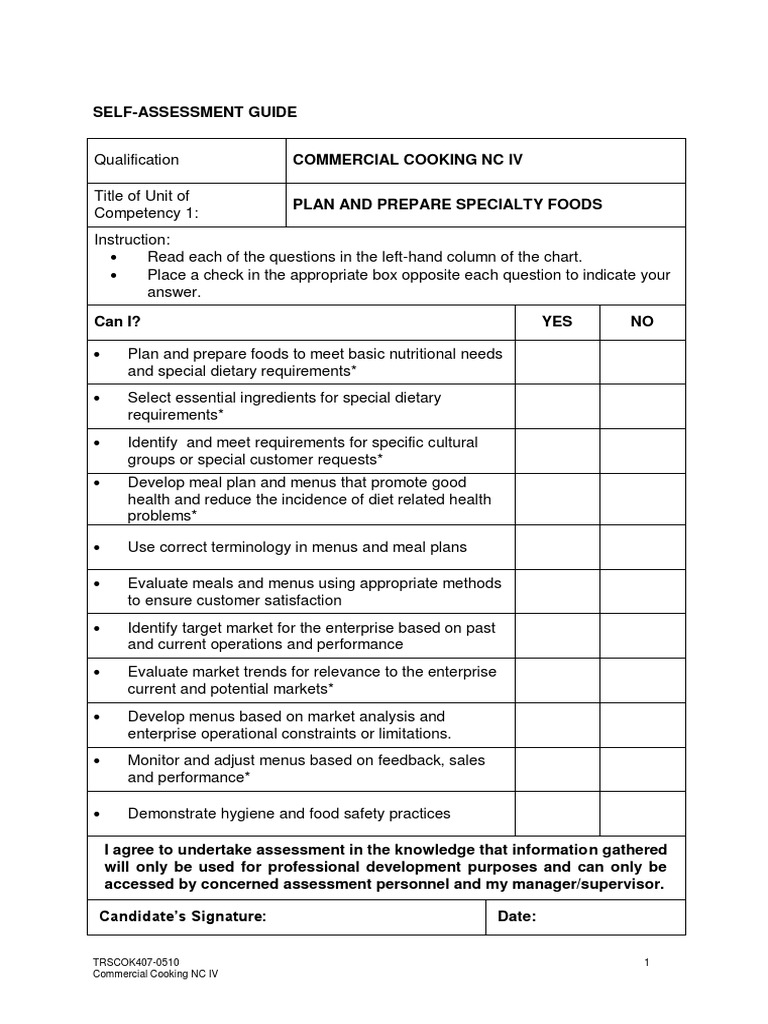 Commercial Cooking NC IV Self-Assessment Guide | PDF | Food Safety | Safety