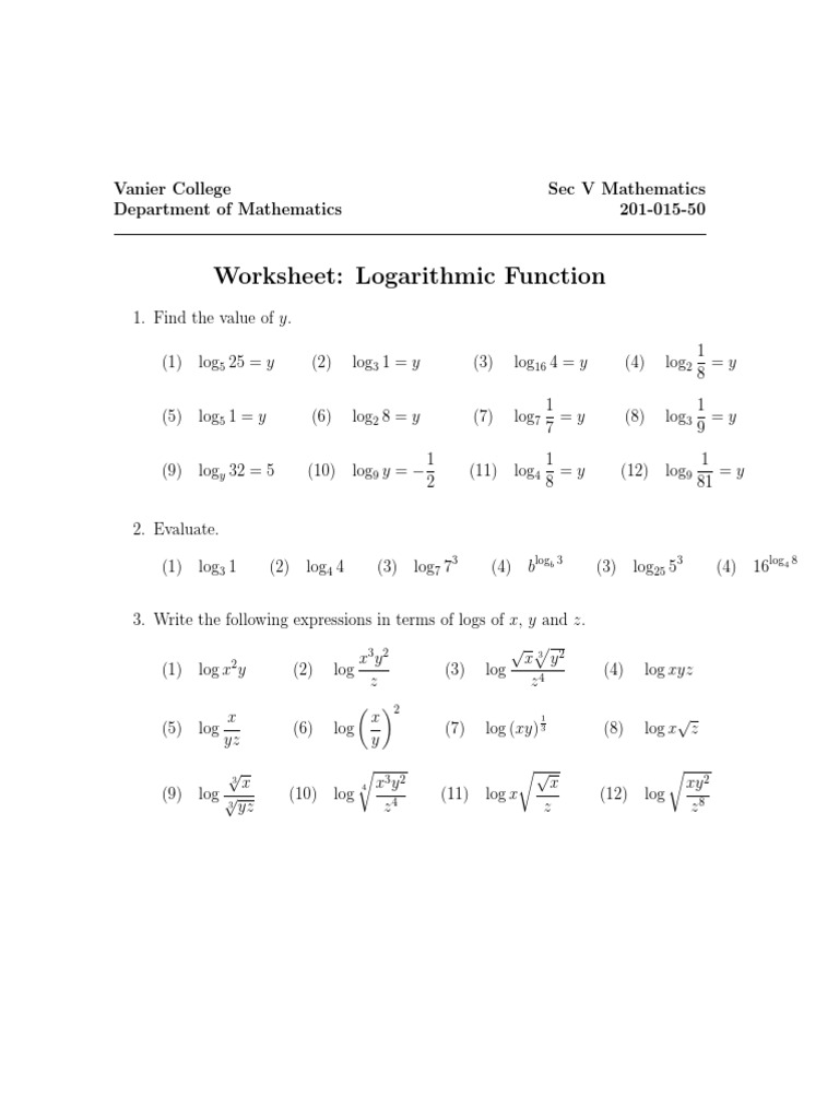 Logarithmic Functions: A Comprehensive Worksheet on Evaluating ...