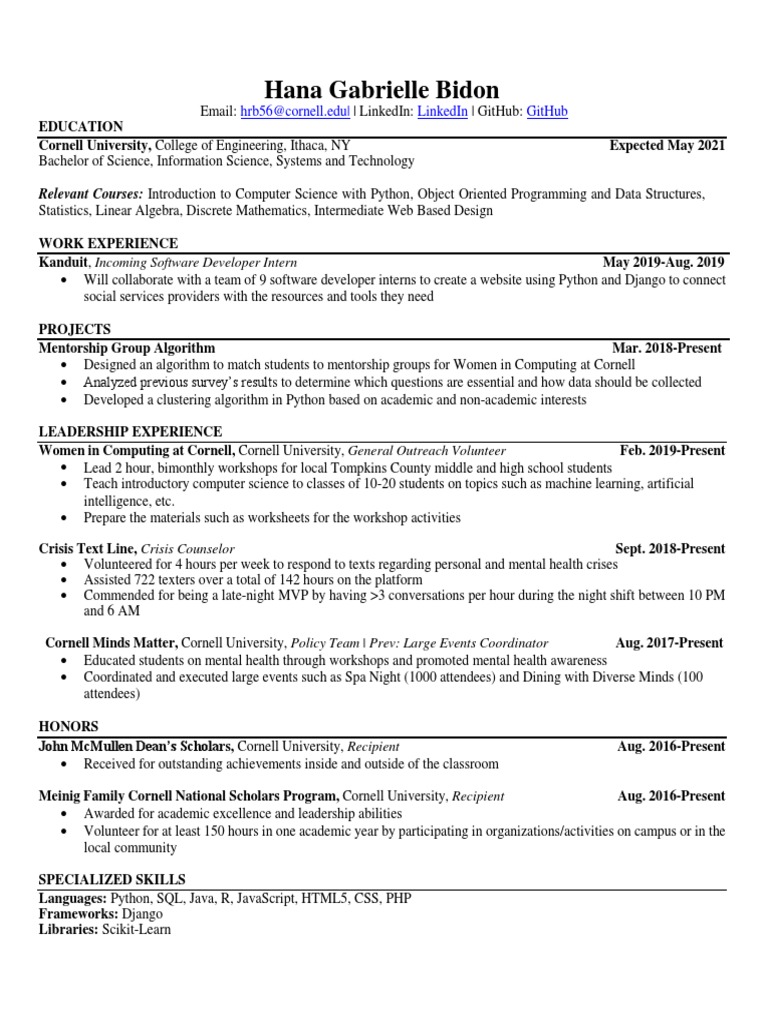 Hana Gabrielle Research Resume For ESMI | PDF | Cornell University ...