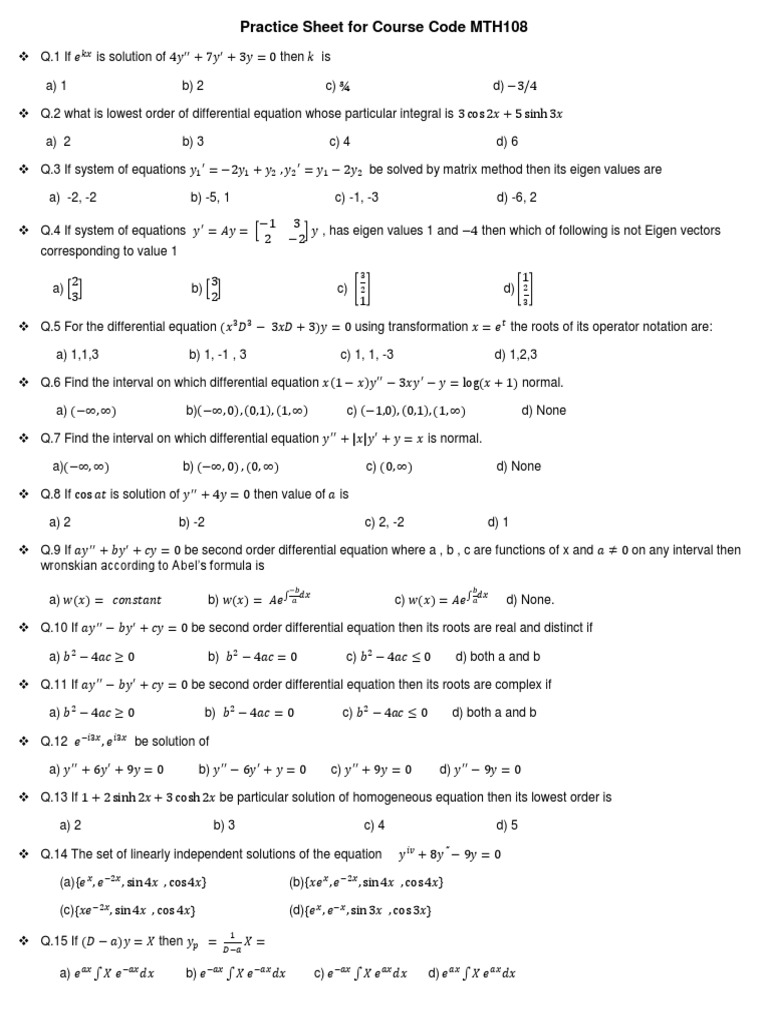 MTH108 Eigenvalues & Differential Equations | PDF | Eigenvalues And Eigenvectors | Theoretical ...