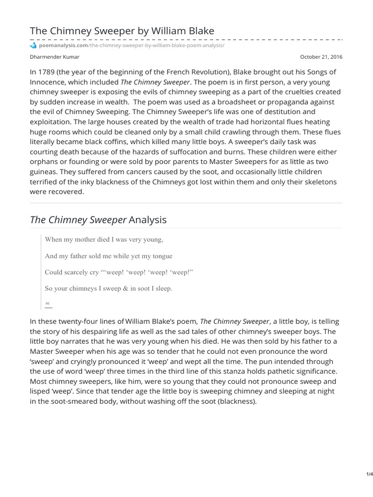 The Chimney Sweeper Poem Analysis | PDF