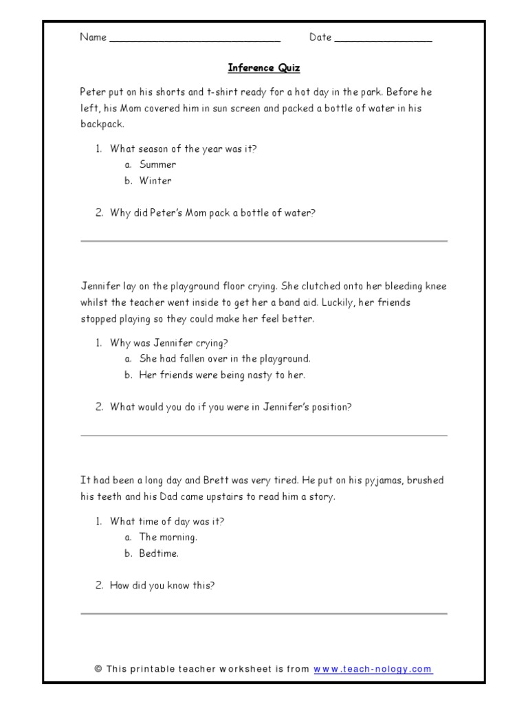 Inference Quiz: © This Printable Teacher Worksheet Is From | PDF