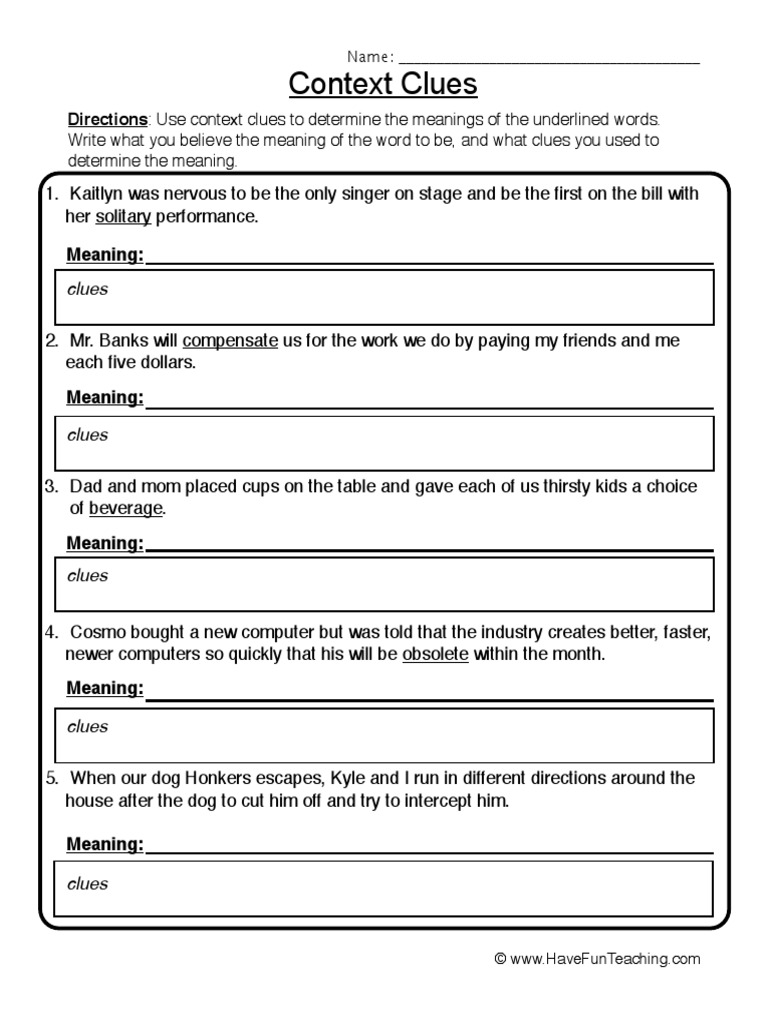 Context Clues Worksheet PDF | PDF