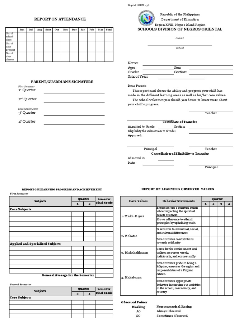 DepEd Form 138: Student Report Card | PDF | Value (Ethics) | Teachers