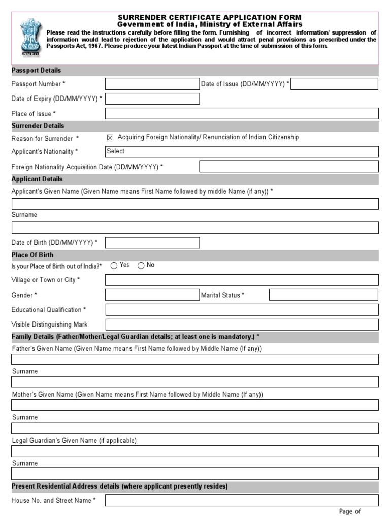 Surrender Certificate Application Form Government of India, Ministry of ...