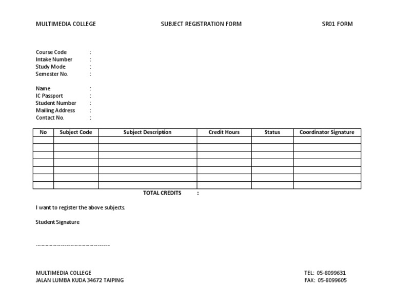 Subject Registration Form SR01 | PDF