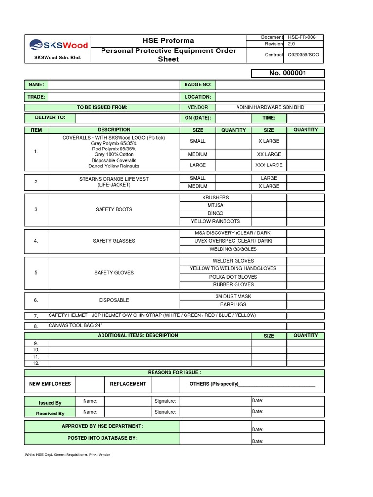 PPE Order Sheet for HSE Department | PDF | Equipment | Sports Equipment