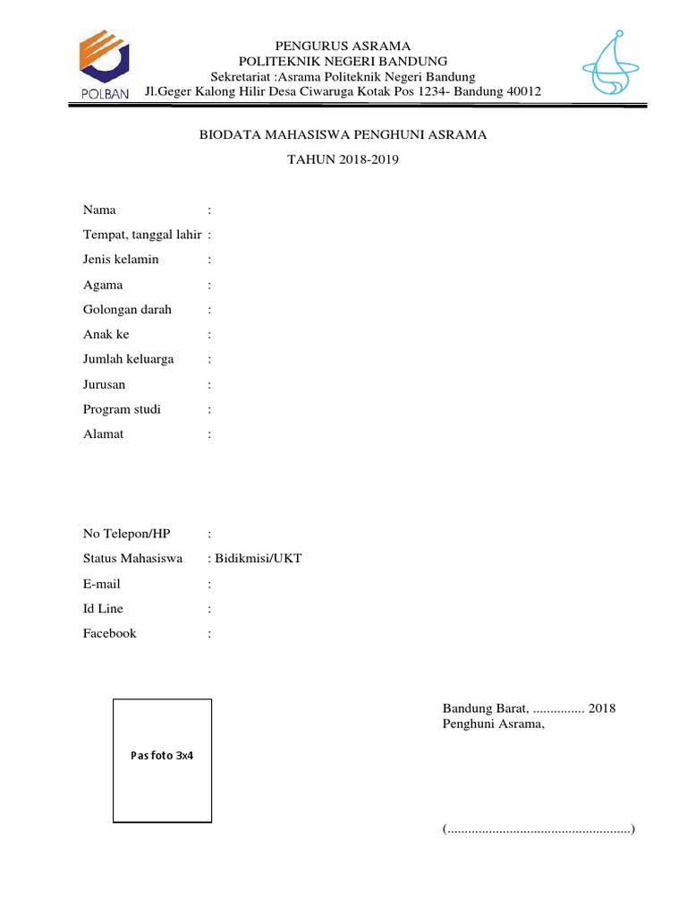 Formulir 1C Biodata Mahasiswa Penghuni Asrama | PDF