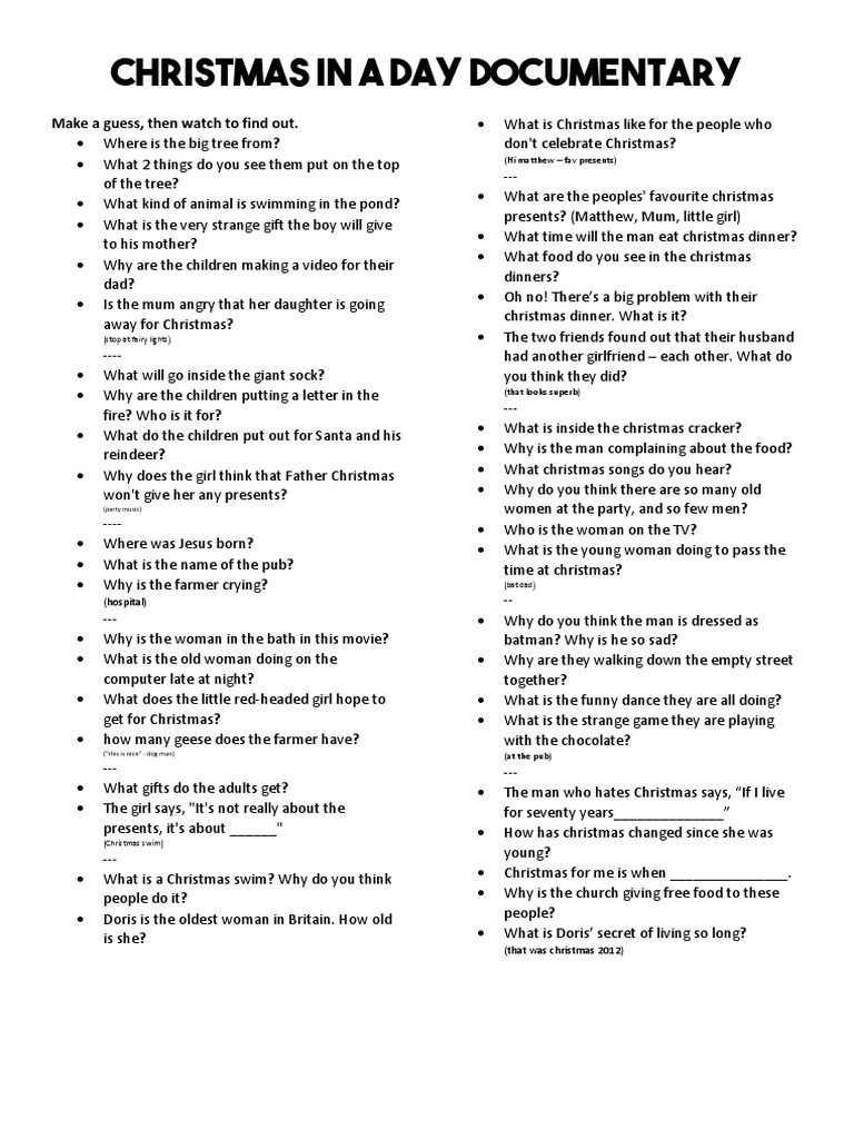Christmas in A Day Documentary Video Worksheet | PDF | Christmas