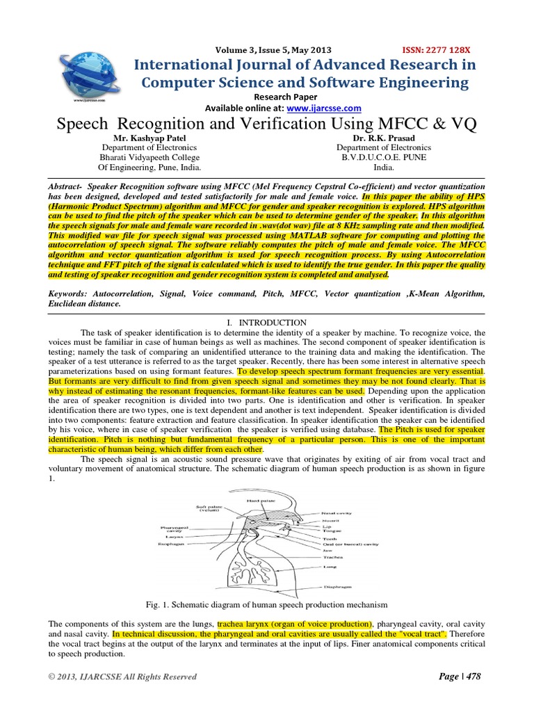 Speech Recognition and Verification Using MFCC and VQ | PDF | Pitch (Music) | Signal Processing
