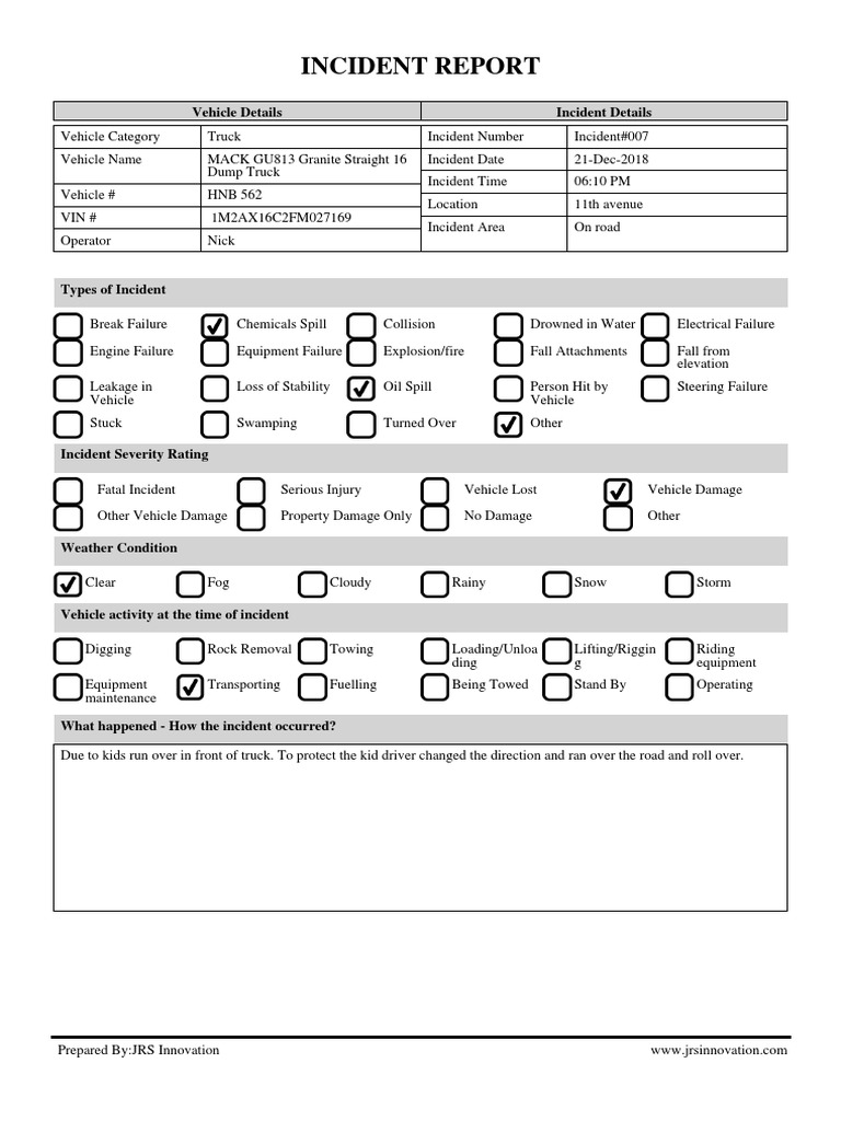 Incident Report: Vehicle Details Incident Details | PDF | Truck | Vehicles