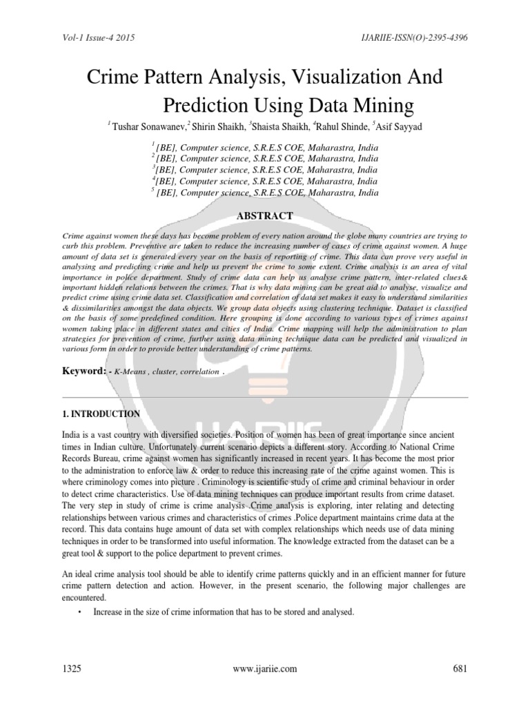 Crime Pattern Analysis Visualization and Prediction Using Data Mining Ijariie1325 Volume 1 14 ...