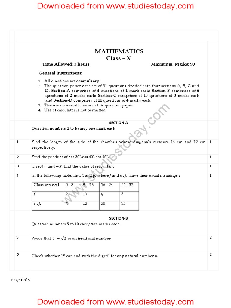 CBSE Class 10 Mathematics Sample Paper Set C | Download Free PDF ...