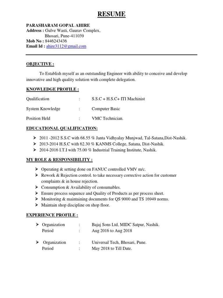 Resume Parasharam Gopal Ahire Address Gulve Wasti Gaurav Complex Mob No 8446243436 Email Id 