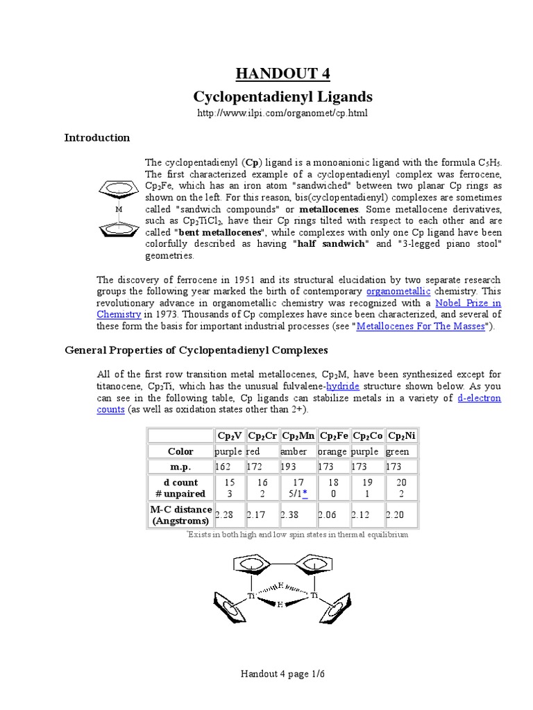 Handout4 Cyclopentadienyl Ligand | PDF | Coordination Complex | Ligand