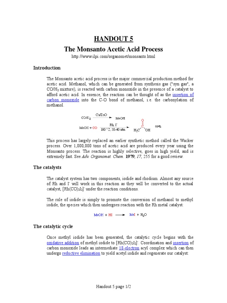 Handout 5 The Monsanto Acetic Acid Process: Insertion of Carbon ...