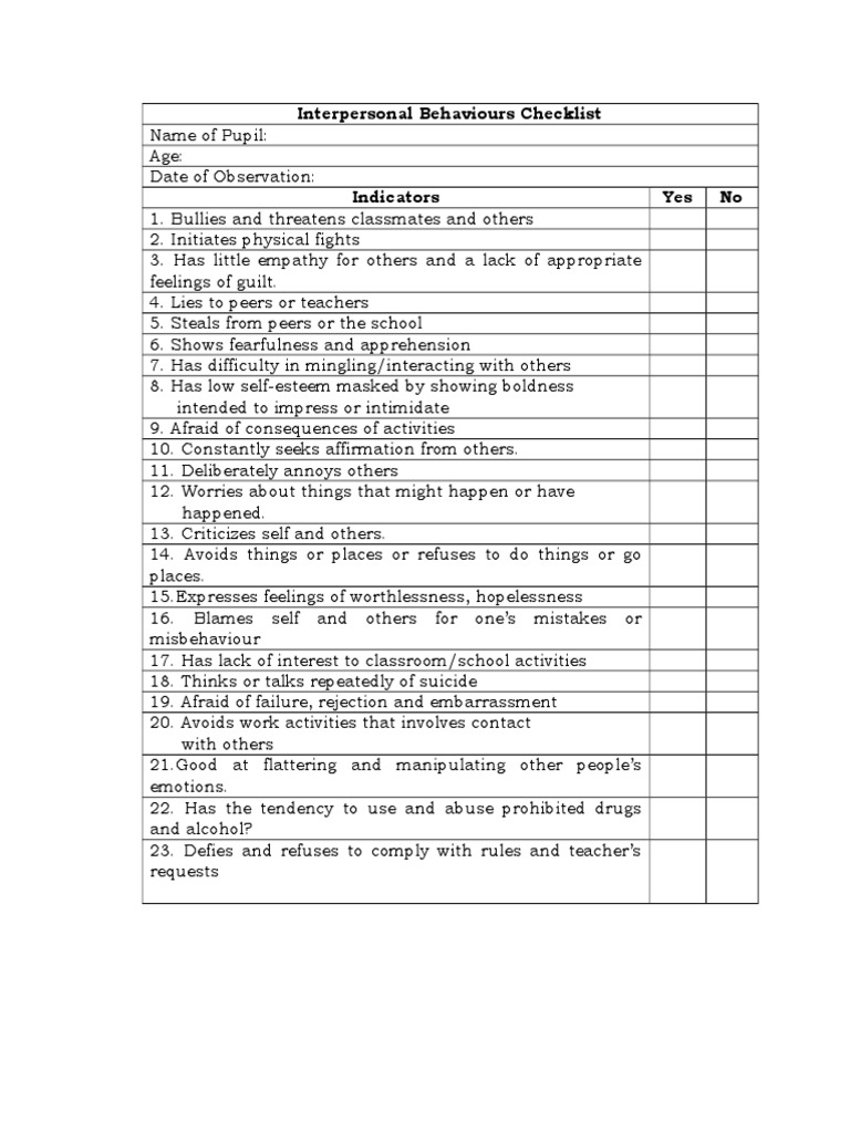 Interpersonal Behaviours Checklist | PDF