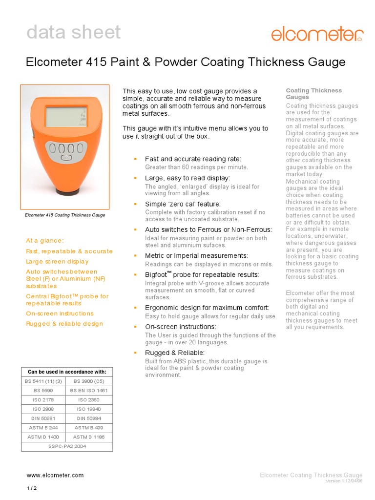 Data Sheet: Elcometer 415 Paint & Powder Coating Thickness Gauge | PDF | Sheet Metal | Nature