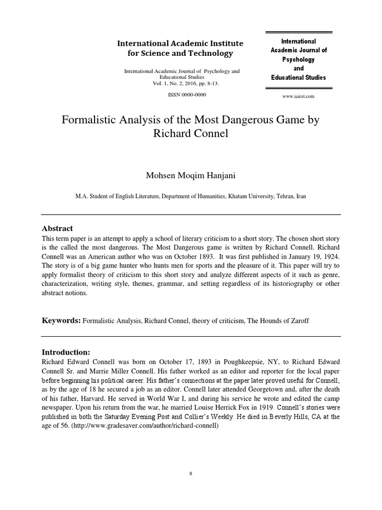 Formalistic Analysis of The Most Dangerous Game by Richard Connel | PDF