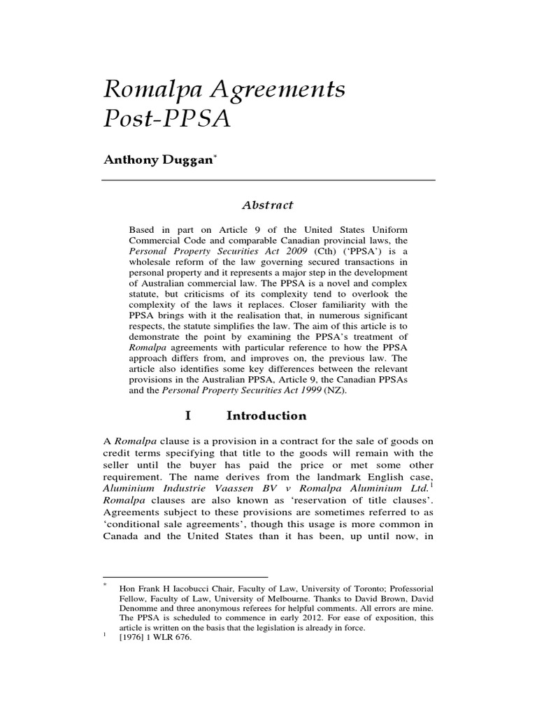 Romalpa Agreements Post-PPSA: Anthony Duggan | PDF | Security Interest ...