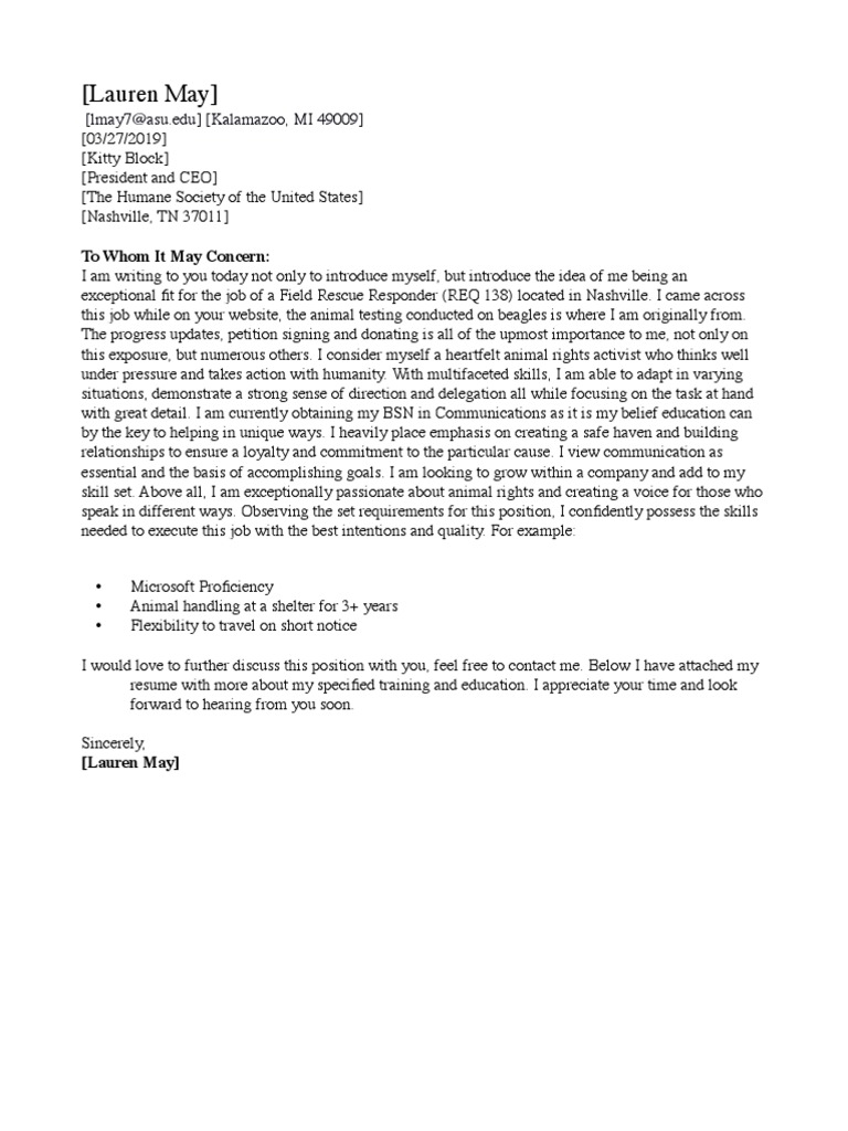 Cover Letter Humane Society | PDF