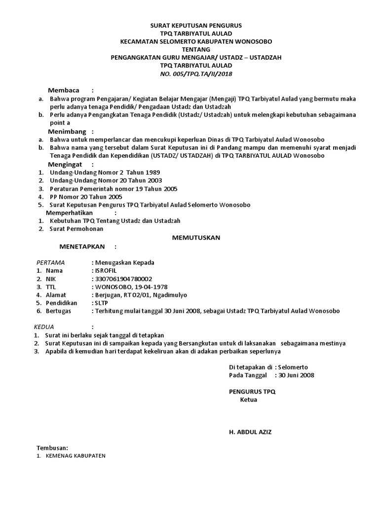Surat Keputusan Pengurus TPQ | PDF