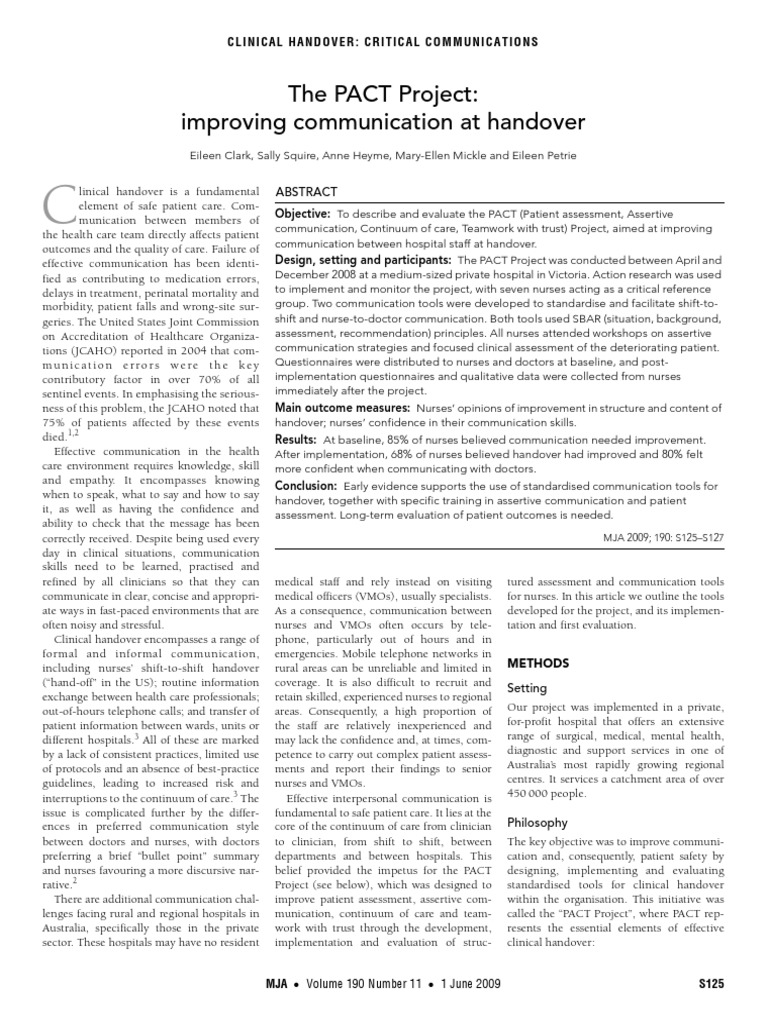 The PACT Project: Improving Communication at Handover: Clinical ...