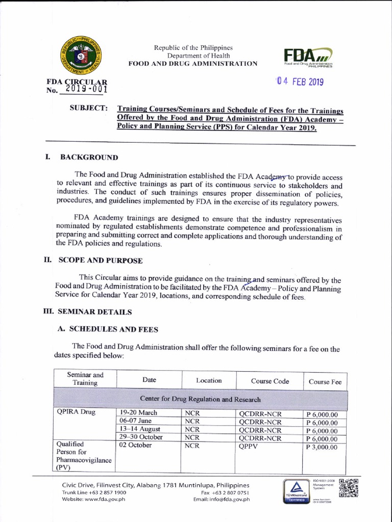 FDA Circular 2019-001 PDF | PDF