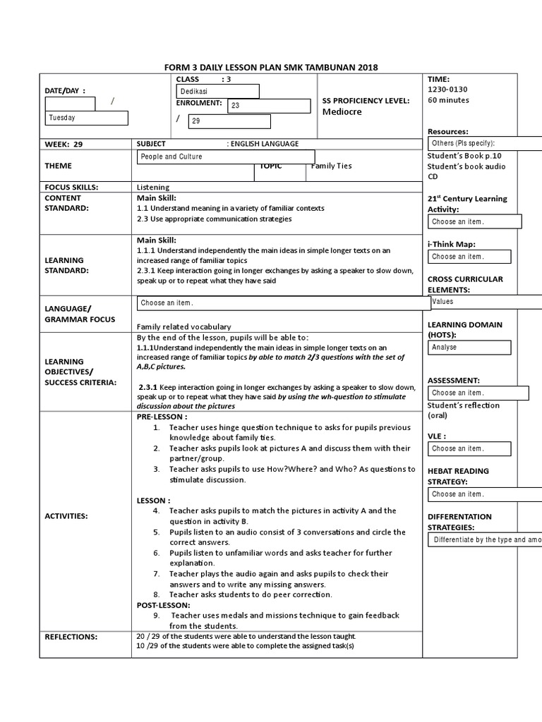 Form 3 Daily Lesson Plan SMK Tambunan 2018: Date/Day: Enrolment | PDF ...