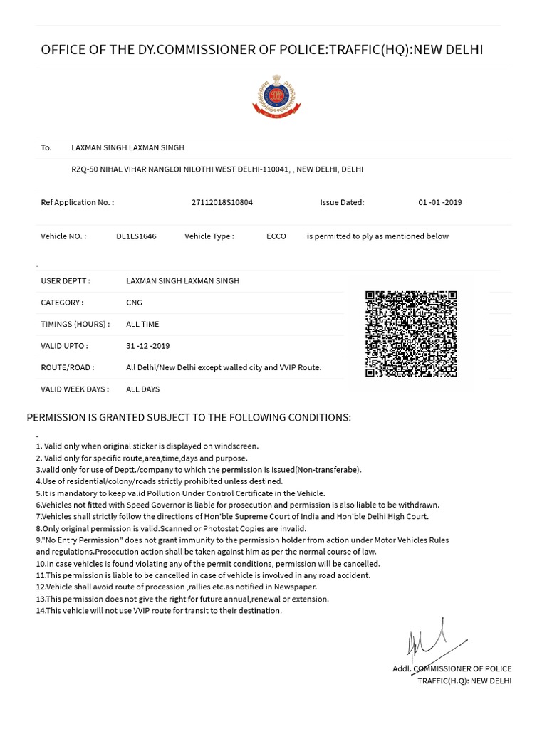 CERTIFICATE (DL1LS1646) Entry Permission Application | PDF | New Delhi ...