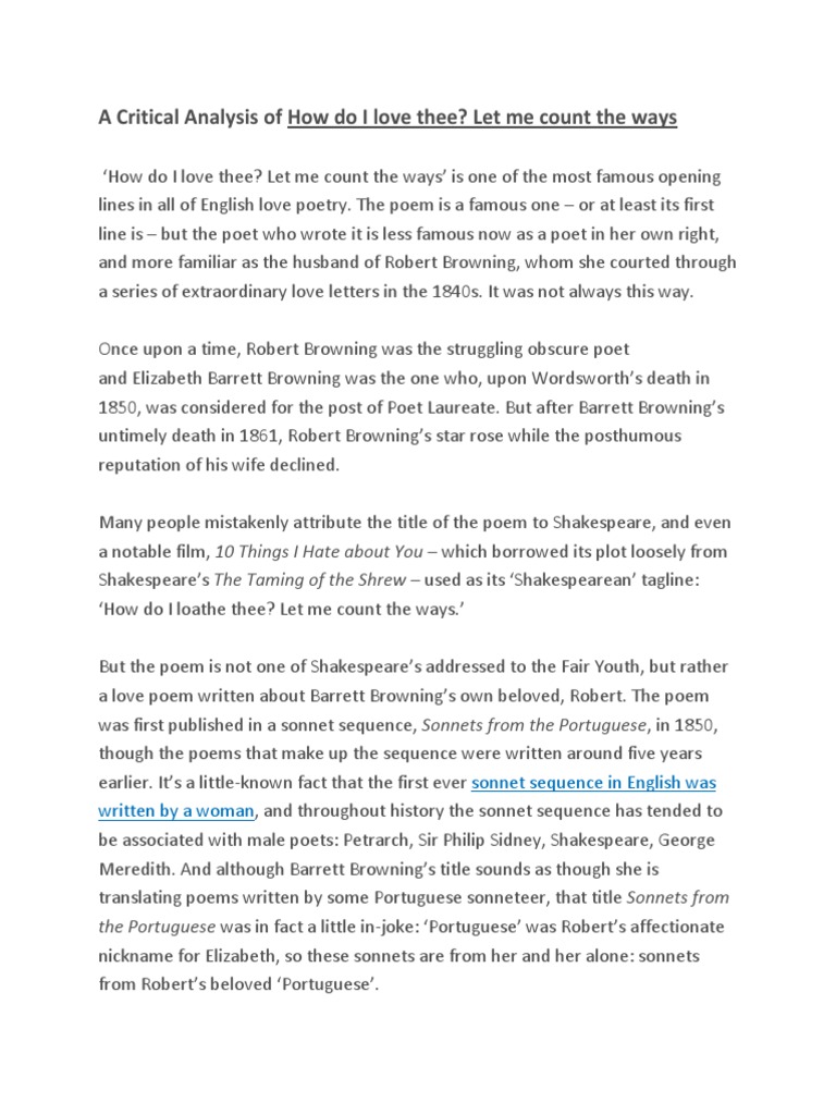 A Critical Analysis of How Do I Love Thee? Let Me Count The Ways | PDF ...