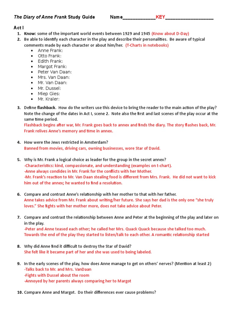 Anne Frank Study Guide Answers | Anne Frank
