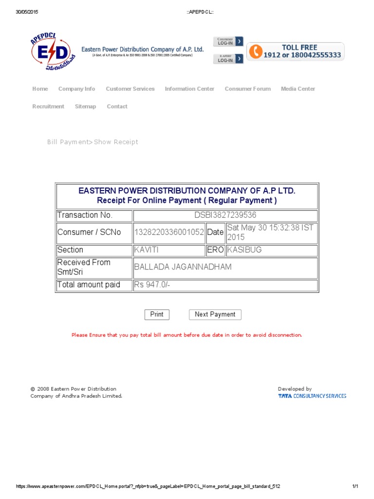 Eastern Power Distribution Company of A.P Ltd. Receipt For Online ...