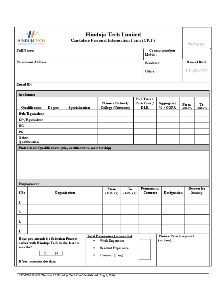 Candidate Personal Information Form (CPIF) | PDF | Government | Business