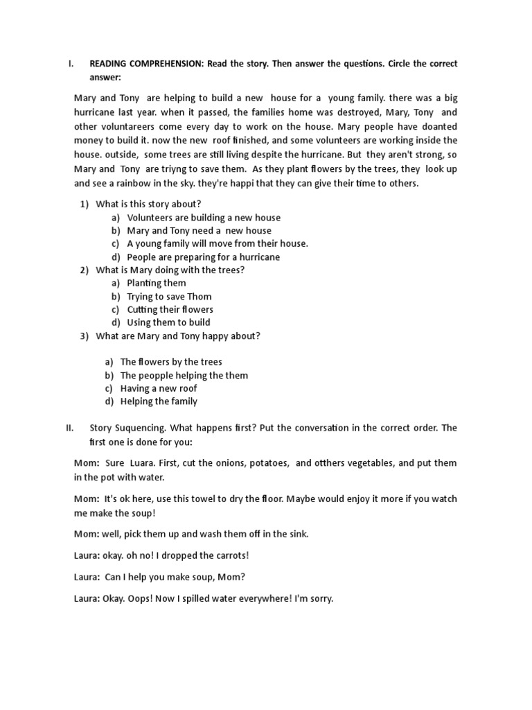 READING COMPREHENSION: Read The Story. Then Answer The Questions ...