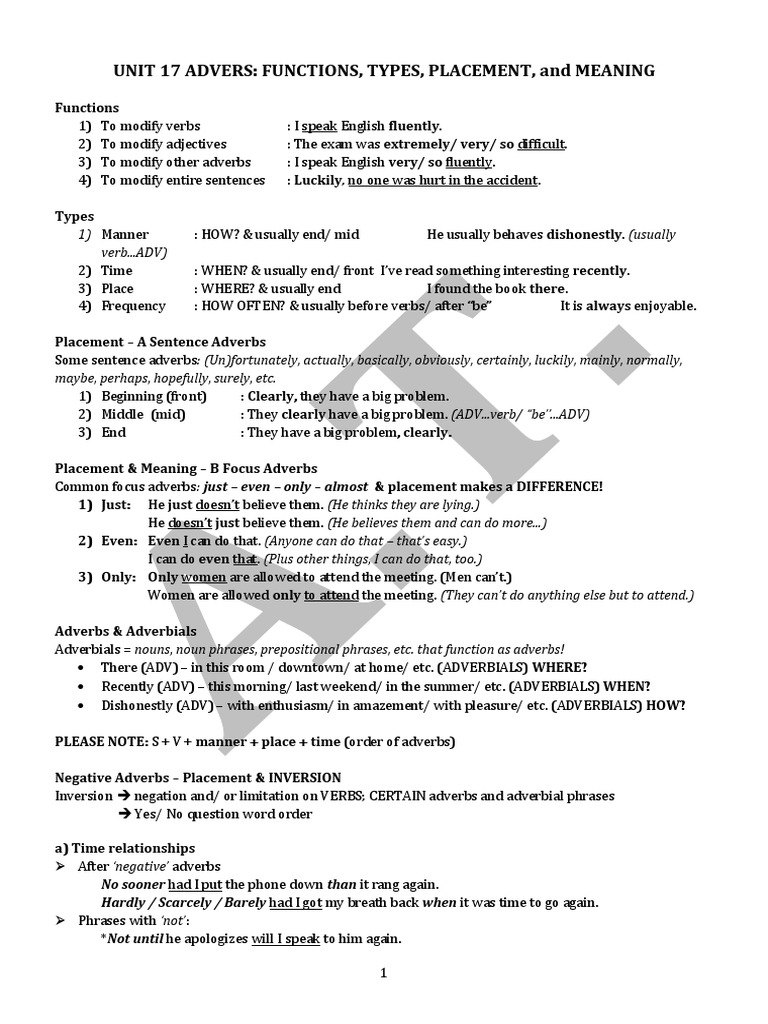 9) Unit 17 Adverbs KEY | PDF | Adverb | Semantics