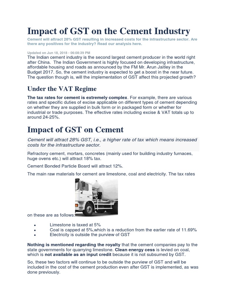 Impact of GST On The Cement Industry | PDF | Value Added Tax | Cement