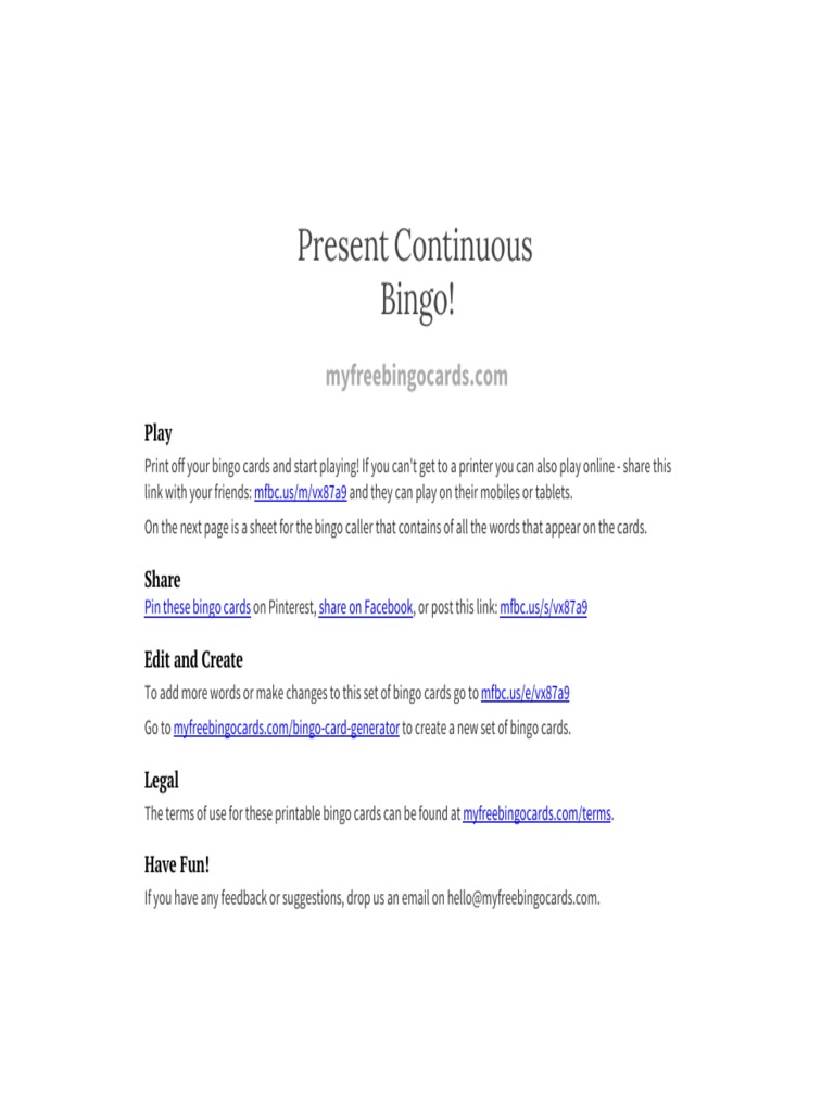 Present Continuous Bingo! | PDF | Leisure | Sports