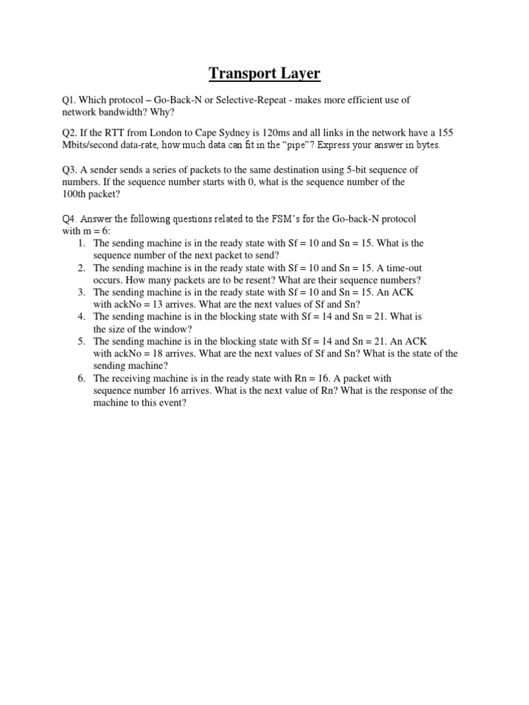 Practice Set Questions Transport Layer | PDF