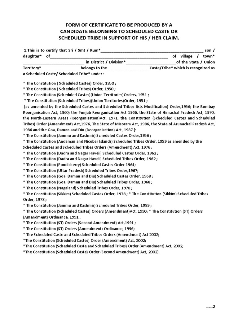Form of Certificate To Be Produced by A Candidate Belonging To ...