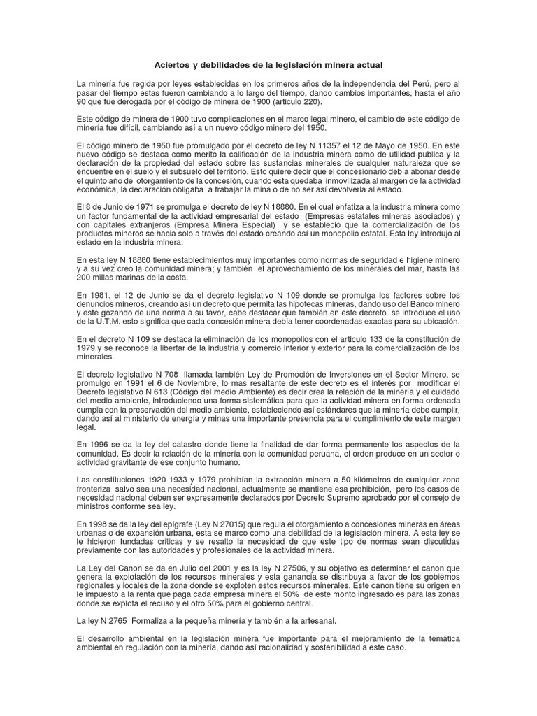Aciertos y Debilidades de La Legislación Minera Actual | PDF | Minería | Evaluación de impacto ...